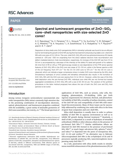 Pdf Spectral And Luminescent Properties Of Zno Sio2 Core Shell