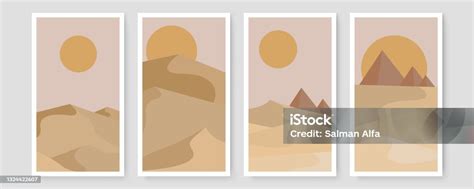 4 개의 추상 적 미학 중반 세기 현대 풍경 현대 풍경 현대 보헤 포스터 표지 템플릿의 세트 아트 프린트 엽서 벽지 벽예술에 대한 최소한의 자연 일러스트레이션 0명에 대한