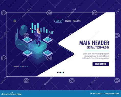 Businessman Analytic Monitor Graph Over Data Network Flowchart Server Map Isometric Cloud