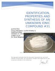 IONIC UNKNOWN LAB Docx IDENTIFICATION PROPERTIES AND SYNTHESIS OF AN UNKNOWN IONIC COMPOUND