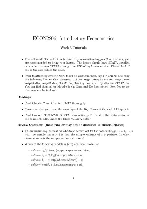 Tutorials Week3 Questions Econ2206 Introductory Econometrics Week 3