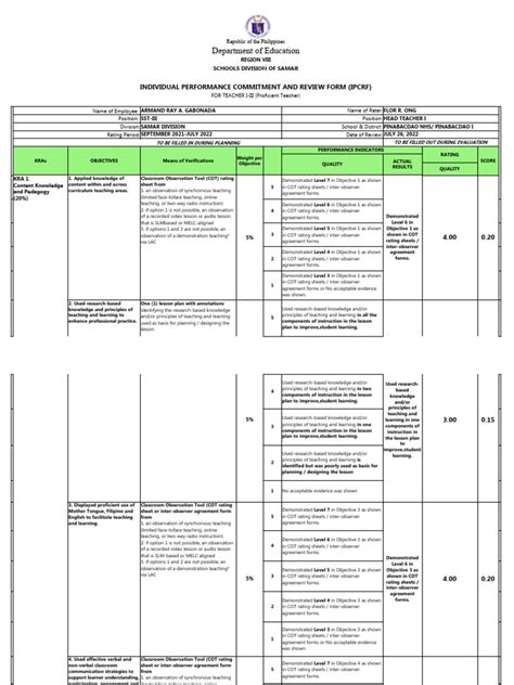 Ipcrf Template Teachers I Iii Pdf