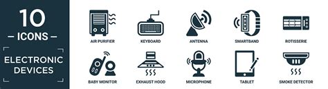채워진 전자 장치 아이콘 세트입니다 평면 공기 청정기 키보드 안테나 스마트 밴드 로티 세리 베이비 모니터 배기 후드 마이크