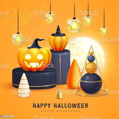 현실적인 3d 할로윈 호박과 할로윈 휴가 배경 벡터 일러스트 레이 션 10월에 대한 스톡 벡터 아트 및 기타 이미지 10월 3차원 형태 강단 Istock