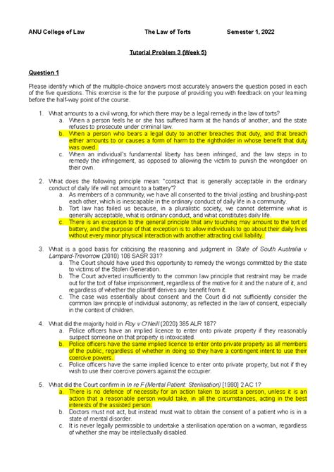 2022 Torts Tutorial 3 Week 5 ANU College Of Law The Law Of Torts Semester 1 2022 Tutorial