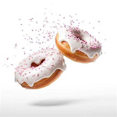 Minimalistic 2 Donuts With White Icing On It In The Air Flat Lay White
