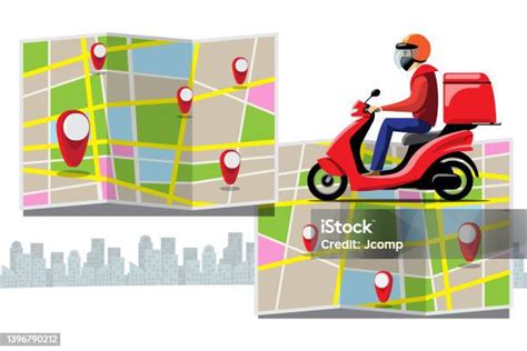 큰 고립 된 오토바이 벡터 다채로운 아이콘 Gps 추적 위치를 통해 오토바이로 배달의 플랫 일러스트레이션 배달 자전거 피자 및 음식 배달 즉시 배달 온라인 배달 Biker