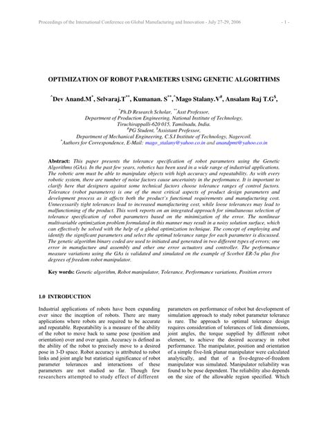 pdf optimization of robot parameters using genetic algorithms