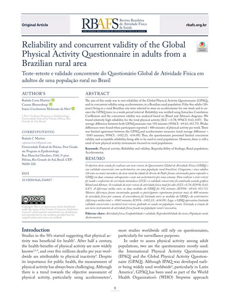 Pdf Reliability And Concurrent Validity Of The Global Physical Activity Questionnaire In