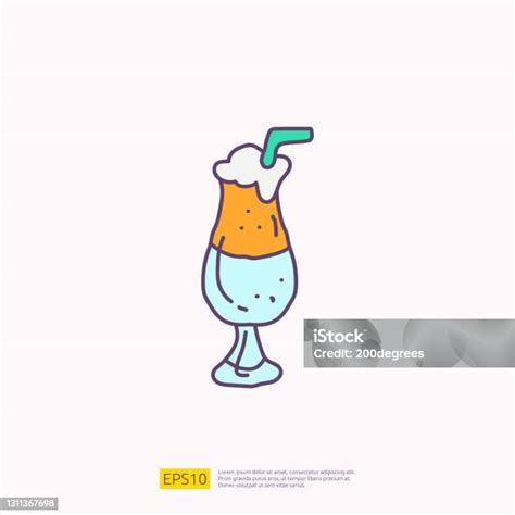 카페 컨셉 벡터 일러스트레이션을 위한 웨이퍼 스틱을 곁들인 안경 커피 칵테일 또는 밀크쉐이크 아이스크림 핸드 드로잉 낙서 채우기