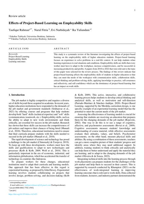 PDF Effects Of Project Based Learning On Employability Skills