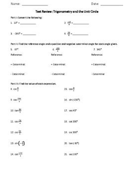 Precalculus Test Review Trigonometry And The Unit Circle By My Geometry World