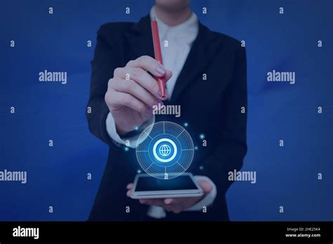 Lady Pressing Screen Of Mobile Phone Showing The Futuristic Technology Palm Tapping Cell Phone