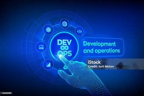 데브롭스 가상 화면에서 민첩한 개발 및 최적화 개념 소프트웨어 엔지니어링 소프트웨어 개발 방법론 디지털 인터페이스를 만지는 로봇 손 벡터 그림입니다 개발에 대한 스톡 벡터