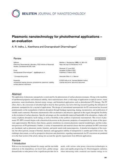 Pdf Plasmonic Nanotechnology For Photothermal Applications An Evaluation