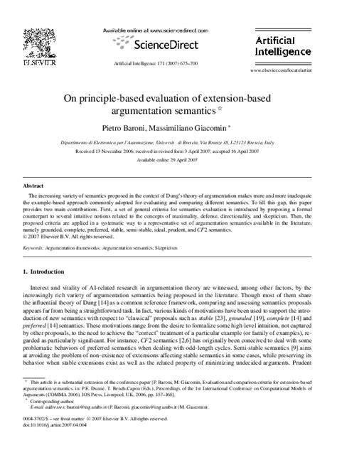 Pdf On Principle Based Evaluation Of Extension Based Argumentation