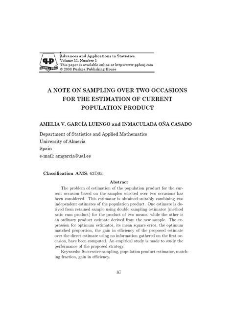 Pdf A Note On Sampling Over Two Occasions For The Estimation Of Current Population Product
