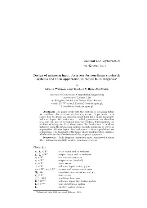 Pdf Design Of Unknown Input Observers For Non Linear Stochastic