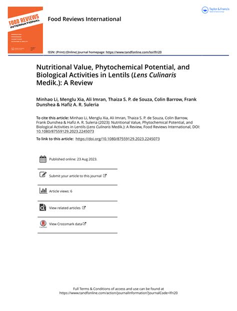 Pdf Nutritional Value Phytochemical Potential And Biological Activities In Lentils Lens