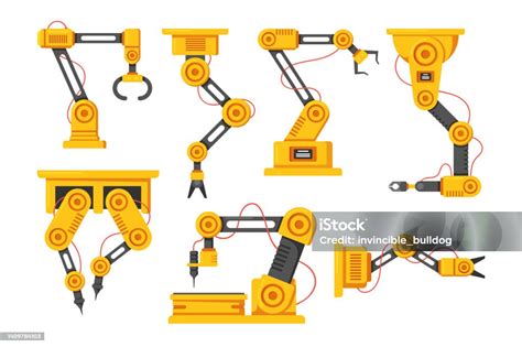 로봇 조작기의 산업용 로봇 팔 제조 자동화 기술 산업용 다관절 로봇 세트 Rotary International에 대한 스톡 벡터