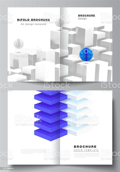 이중 브로셔 전단지 잡지 커버 디자인 책 디자인에 대한 두 개의 A4 커버 모형 템플릿의 벡터 레이아웃 동적 사실적인 기하학적 파란색 셰이프가 있는 3d 렌더링 벡터 컴
