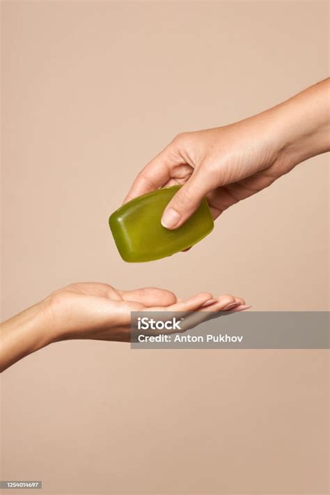 위생 여성의 손은 베이지 색 배경에 비누를 전달합니다 바이러스 및 세균 감염의 예방을위한 매일 위생 가축에 대한 스톡 사진 및