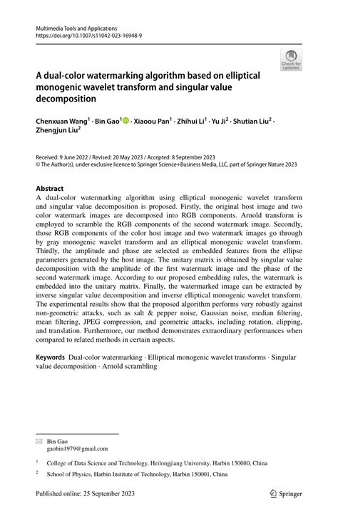Pdf A Dual‑color Watermarking Algorithm Based On Elliptical Monogenic Wavelet Transform And