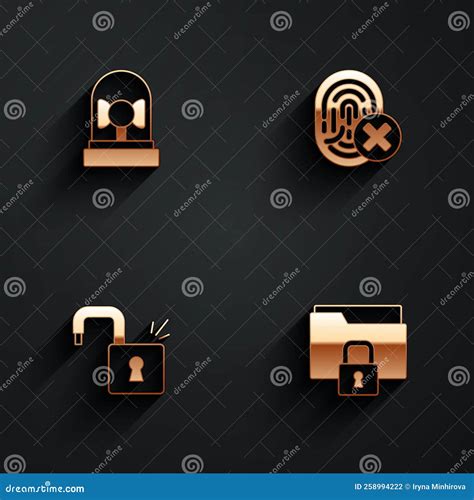 Set Ringing Alarm Bell Cancelled Fingerprint Open Padlock And Folder And Icon With Long Shadow