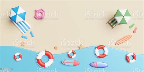 해변 의자 섬 우산 풍선 플라밍고 샌들 구명 부표 서핑 보드 고무 뗏목 불가사리 평면도 배경 개념 3d 그림 또는 3d 렌더링으로 여름 여행 3차원 형태에 대한 스톡 사진