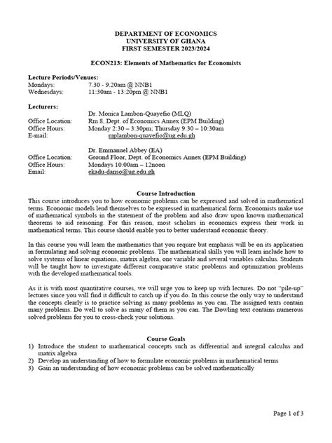 Econ 213 Course Outline 2023 2024 Pdf Mathematics Mathematical