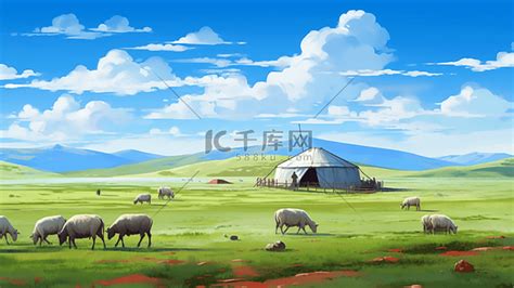 扁平风内蒙古蒙古族草原风景插画图片 千库网