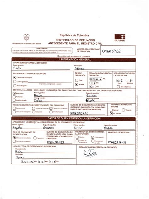 Certificado De Defuncion Pdf