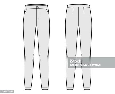 낮은 허리 상승 전체 길이 경사 슬래시 포켓 팬츠 플랫 프론트 테크니컬 패션 일러스트 플랫 하부 바지 의복에 대한 스톡 벡터 아트 및 기타 이미지 Istock