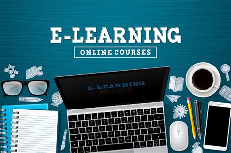 E러닝 온라인 교육 벡터 배너 랩톱 컴퓨터 장치를 사용하는 온라인 과정 텍스트 공부에 대한 스톡 벡터 아트 및 기타 이미지 공부 교과서 교습 Istock