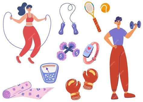 스포츠 장비 체육관 액세서리 사람 운동 선수 세트 테니스 라켓 권투 장갑 아령과 줄넘기 요가 매트 운동 물건 번들 평면 벡터 일러스트 레이 션 흰색 배경에 고립 프리미엄 벡터
