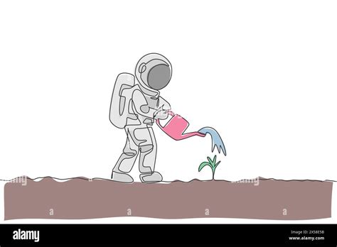 One Continuous Line Drawing Of Spaceman Watering Plant Tree Using Metal