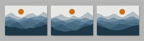 세 가지 추상 미학 중반 세기 현대 풍경 현대 Boho 포스터 템플릿 세트 프리미엄 벡터