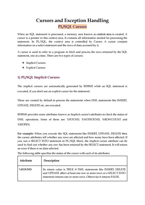 PS UNIT For BCA Cursors And Exception Handling PL SQL Cursors When An SQL Statement Is Studocu