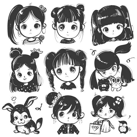 Collection Set Hand Drawn Doodle Cute Girl With Engraving Style Black