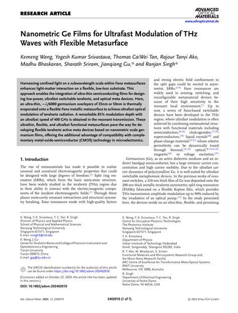Nanometric Ge Films For Ultrafast Modulation Of Thz Waves With Flexible Metasurface Request Pdf