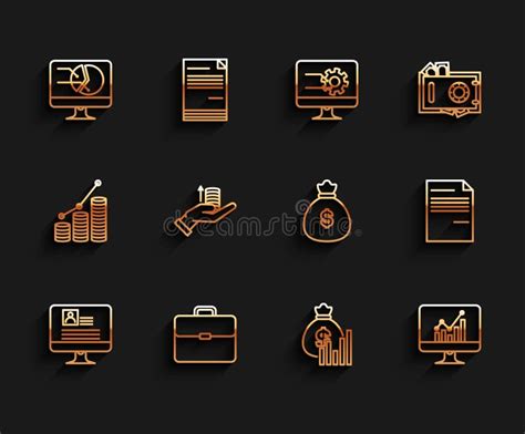 Set Line Computer Monitor With Resume Briefcase Graph Chart Money