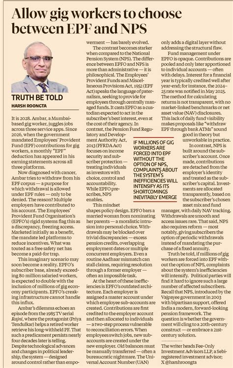 Allow Gig Workers To Choose Between Epf And Nps Fee Only Investment Advisers