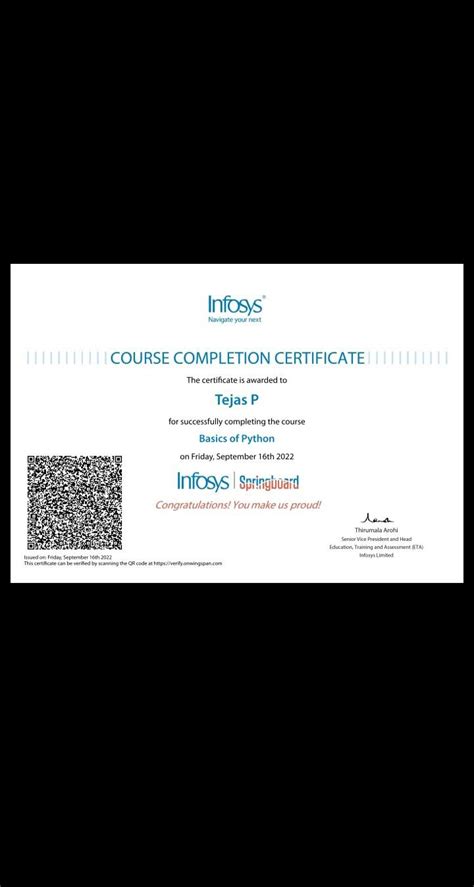 Tejas P on LinkedIn: BASIC OF PYTHON Completion Certificate from Infosys Springbroad Kalpataru…