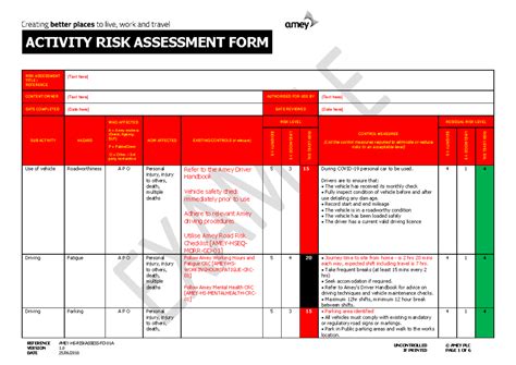 Activity Risk Assessment Form Example Reference Version Amey Hs