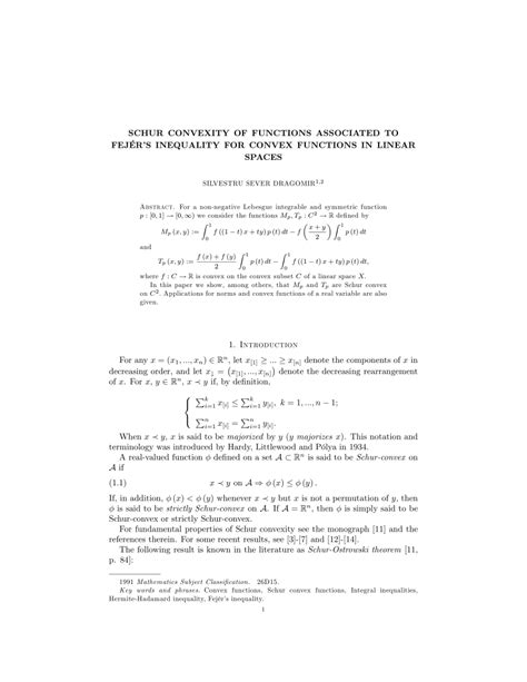(PDF) SCHUR CONVEXITY OF FUNCTIONS ASSOCIATED TO FEJÉR' S INEQUALITY FOR CONVEX FUNCTIONS IN ...