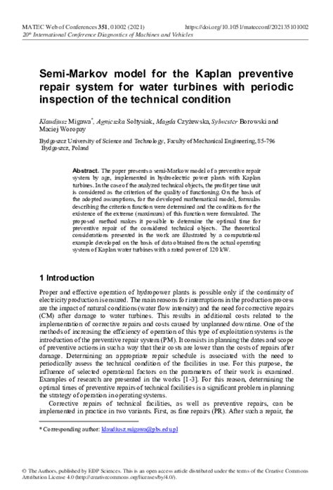 Pdf Semi Markov Model For The Kaplan Preventive Repair System For Water Turbines With Periodic