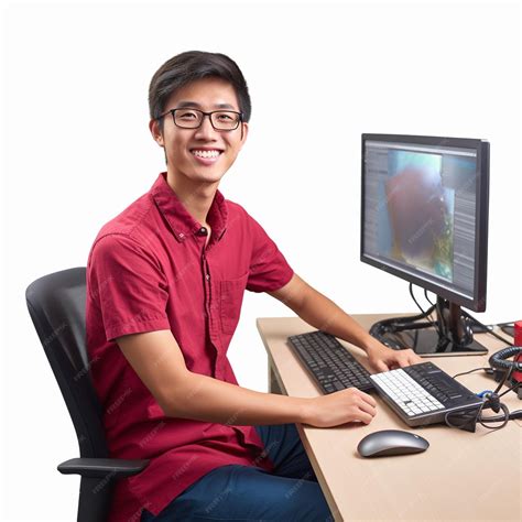 Premium Ai Image A Red Tshirt Wearing Young Boy Work On Laptop