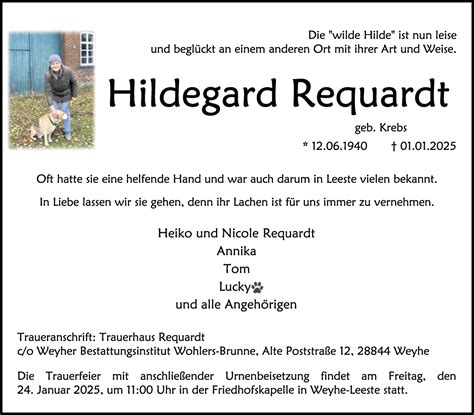 Traueranzeigen Von Hildegard Requardt Trauer And Gedenken