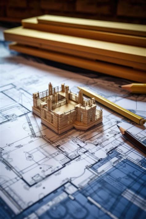 Close Up Of Architect Blueprints On A Wooden Table Stock Illustration Illustration Of