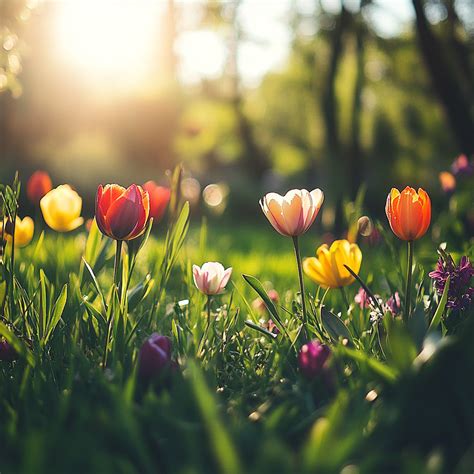봄 햇살 아래에서 화사하게 피어나는 다양한 꽃들 부드러운 햇살이 꽃잎에 반사되어 빛나는 모습 푸르른 잔디와 함께 어우러진 풍경 따뜻한 봄의 분위기를 느낄 수 있는 장면